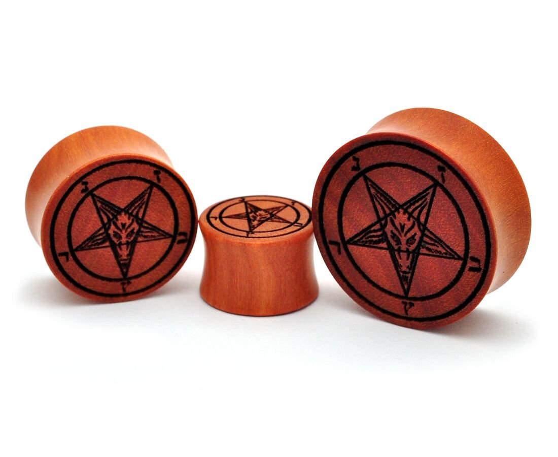 Mystic Metals Body Jewelry Laser Engraved Saba Wood Baphomet Pentagram Plugs (PW-251) - Sold as a Pair (7/8" (22mm))