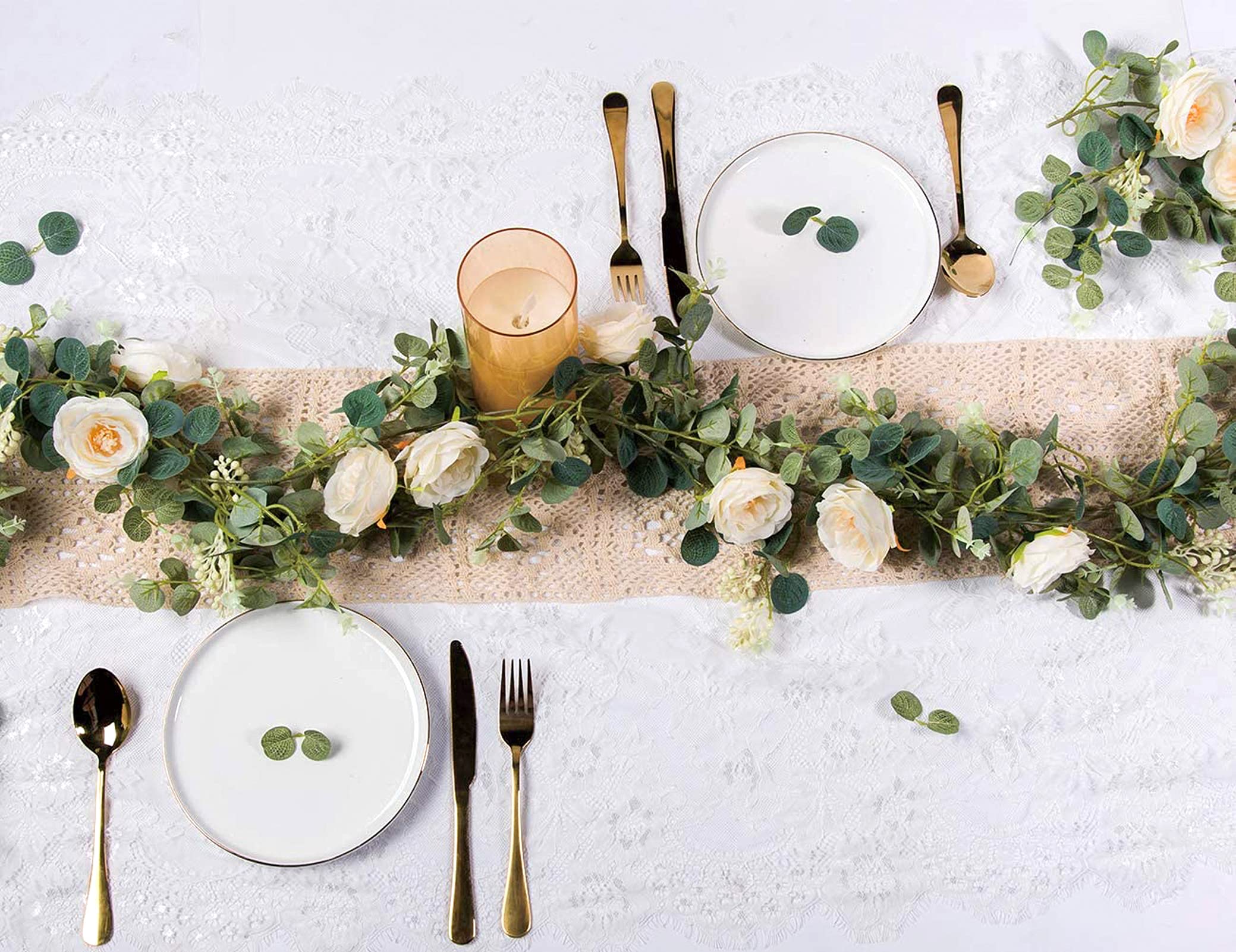Miracliy 2 Pack 13FT Artificial Eucalyptus Garland with Champagne Roses Flower Vine Eucalyptus Greenery Garland for Weddings and Parties