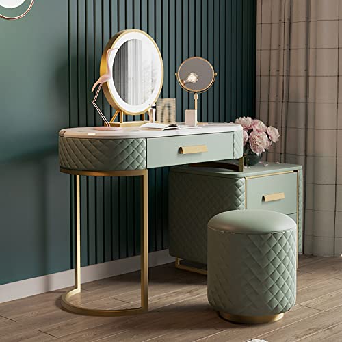 Makeup Vanity with Mirror and Lights, Luxury Dressing Table Wrapped in Microfibre Leather, Modern Vanity Set with Marble Countertop, Side Cabinet, 3 Solid Wood Drawers, Soft Chair - 31.5In Black
