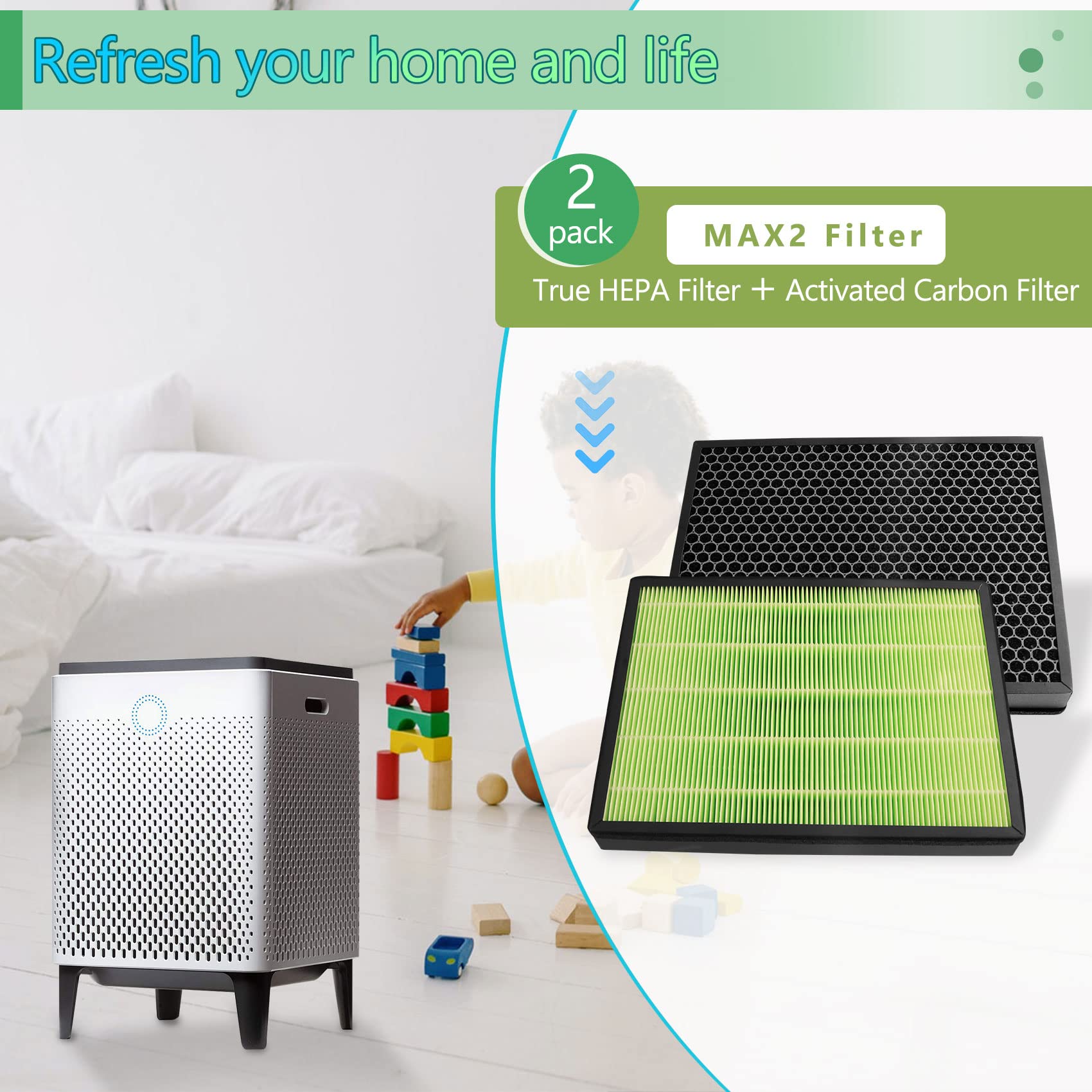 Upgrade Apple Green 400 400s Max 2 Air Filter Compatible with Coway Airmega 400/400S Max 2 Air Purifiers,AP-2015-FP,Green True HEPA and Active Carbon Filter Set,1 Sets (2Packs),Apple Green