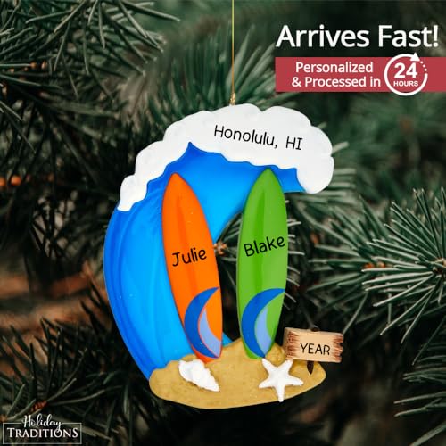 Personalized Couple Christmas Ornaments 2023 - Fast & Free 24h Customization β Surfing Big Wave in Beach Christmas Decorations with Name - Comes Gift-Wrapped