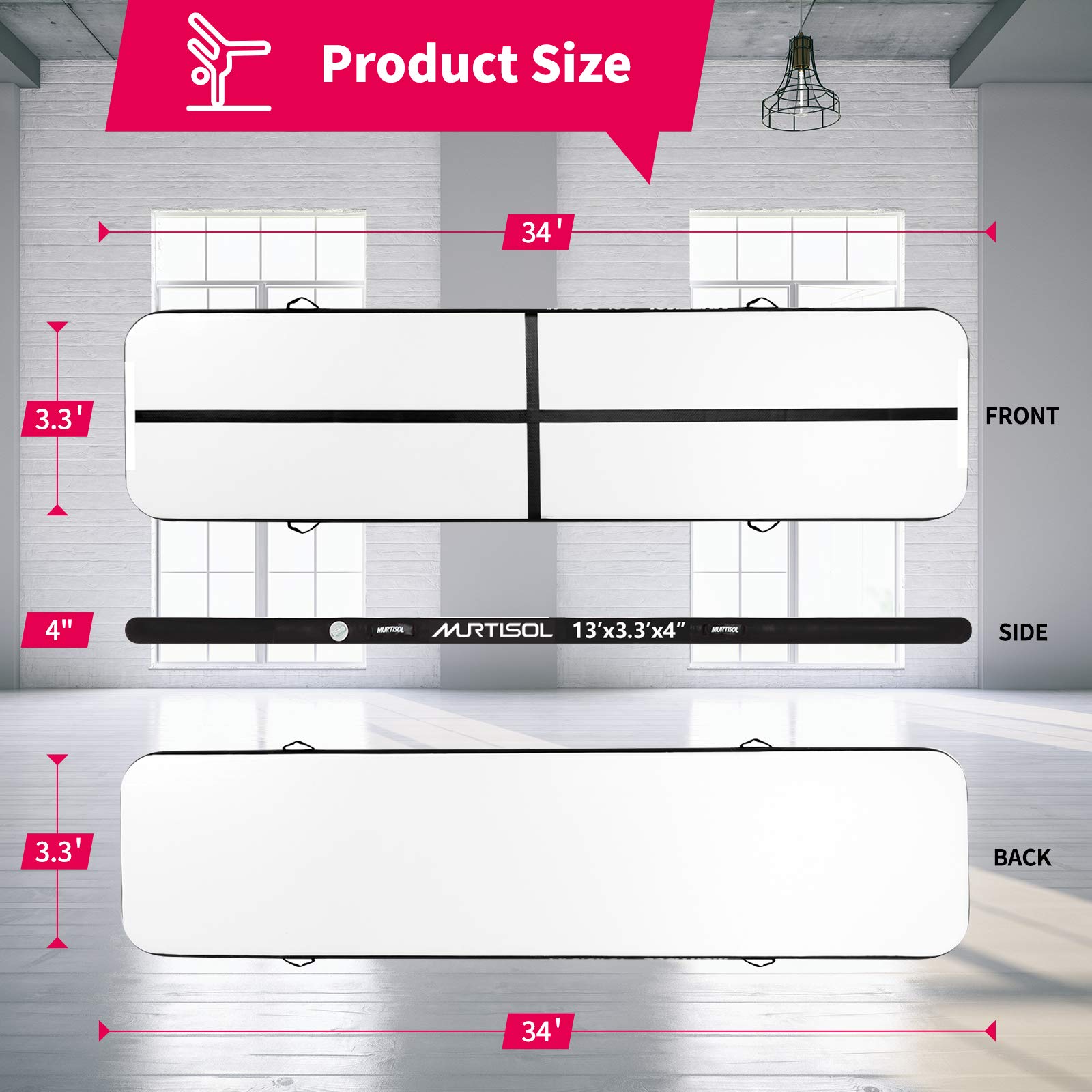 Murtisol 34ft Inflatable Gymnastics Training Mats Tumbling Mats 4 Inch Thickness for Home Use/Training/Cheerleading/Yoga/Water Fun with Electric Pump Black