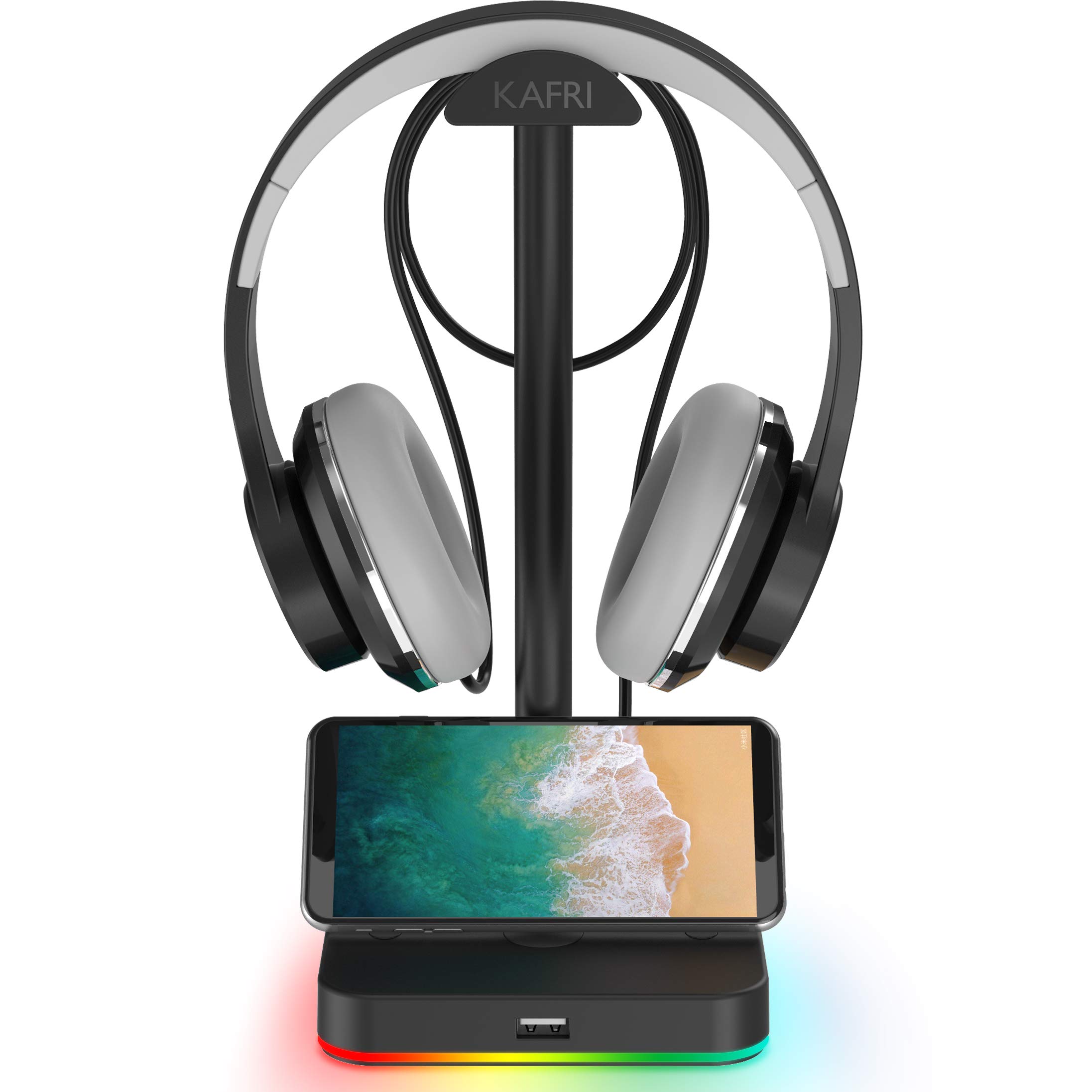 RGB Headphone Stand with USB Hub KAFRI Desk Gaming Headset Holder Hanger Rack with 1 USB2.0 Extension Charging Port Extender Cord - Suitable for Gamer Desktop Table Game Earphone Accessories (Renewed)