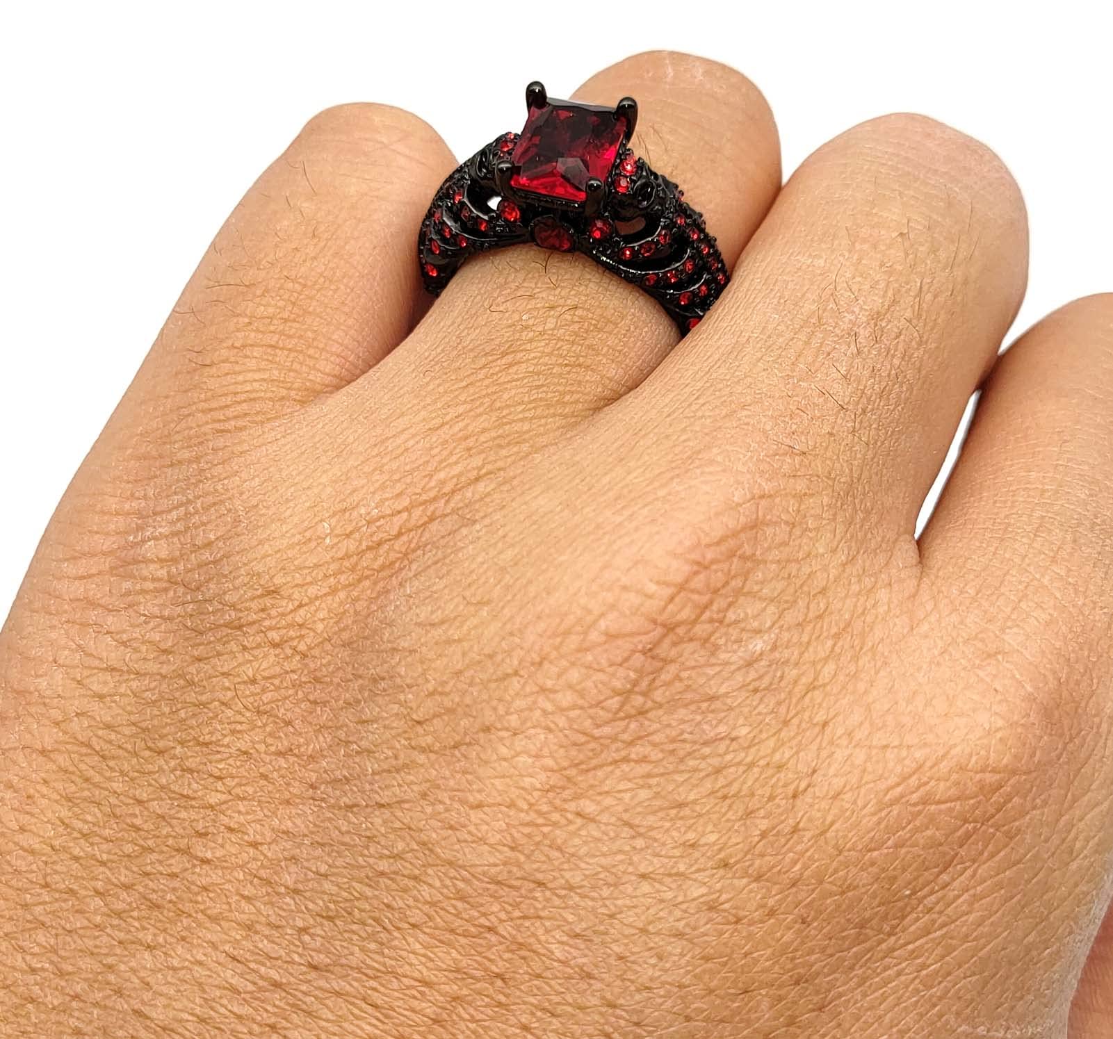 Ringcrown Couple Rings Matching Ring Black Skull Ring Red CZ Womens Wedding Ring Punk Ring