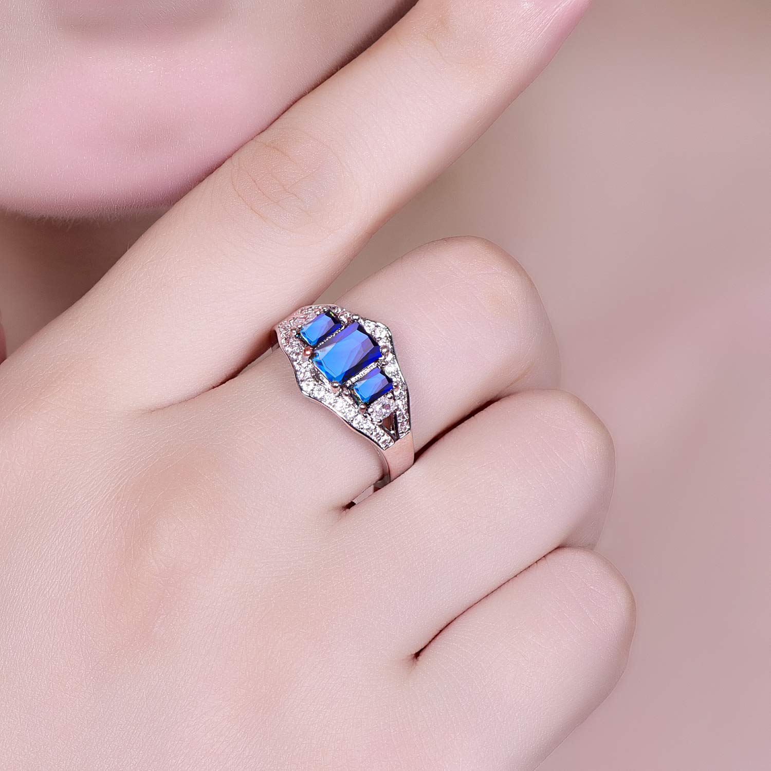 Narica Silver Plated 3-Stone Emerald Cut Created Blue Sapphire Cubic Zirconia Filled Halo Wedding Engagement Band Elegant Women's Ring for Mom Bridal Lover 7#