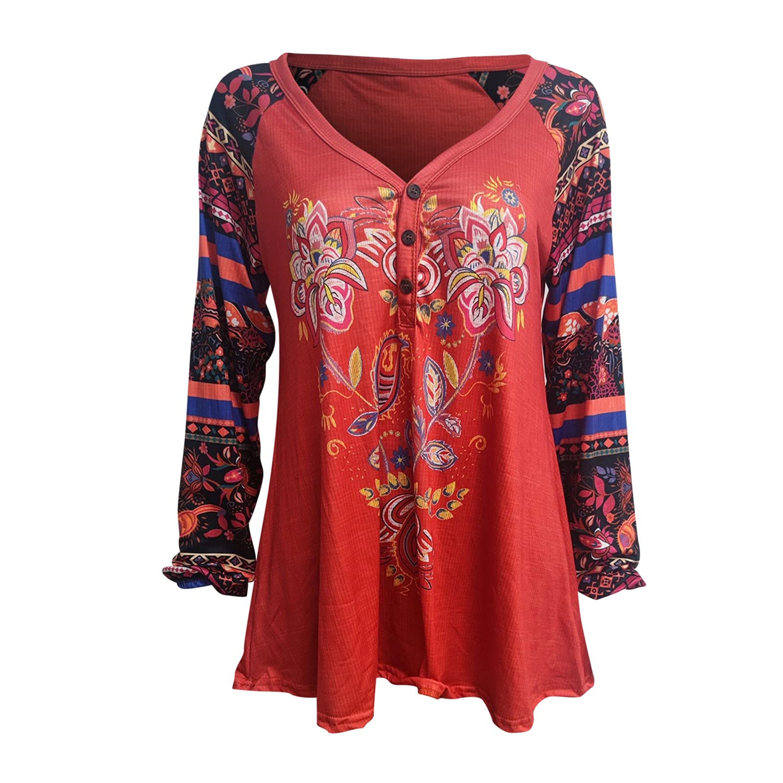 Retro Tops Pattern Printed T-Shirts Long Sleeve V Neck Top Tees Loose Classic Tops Womens Casual Blouse Tops Watermelon Red
