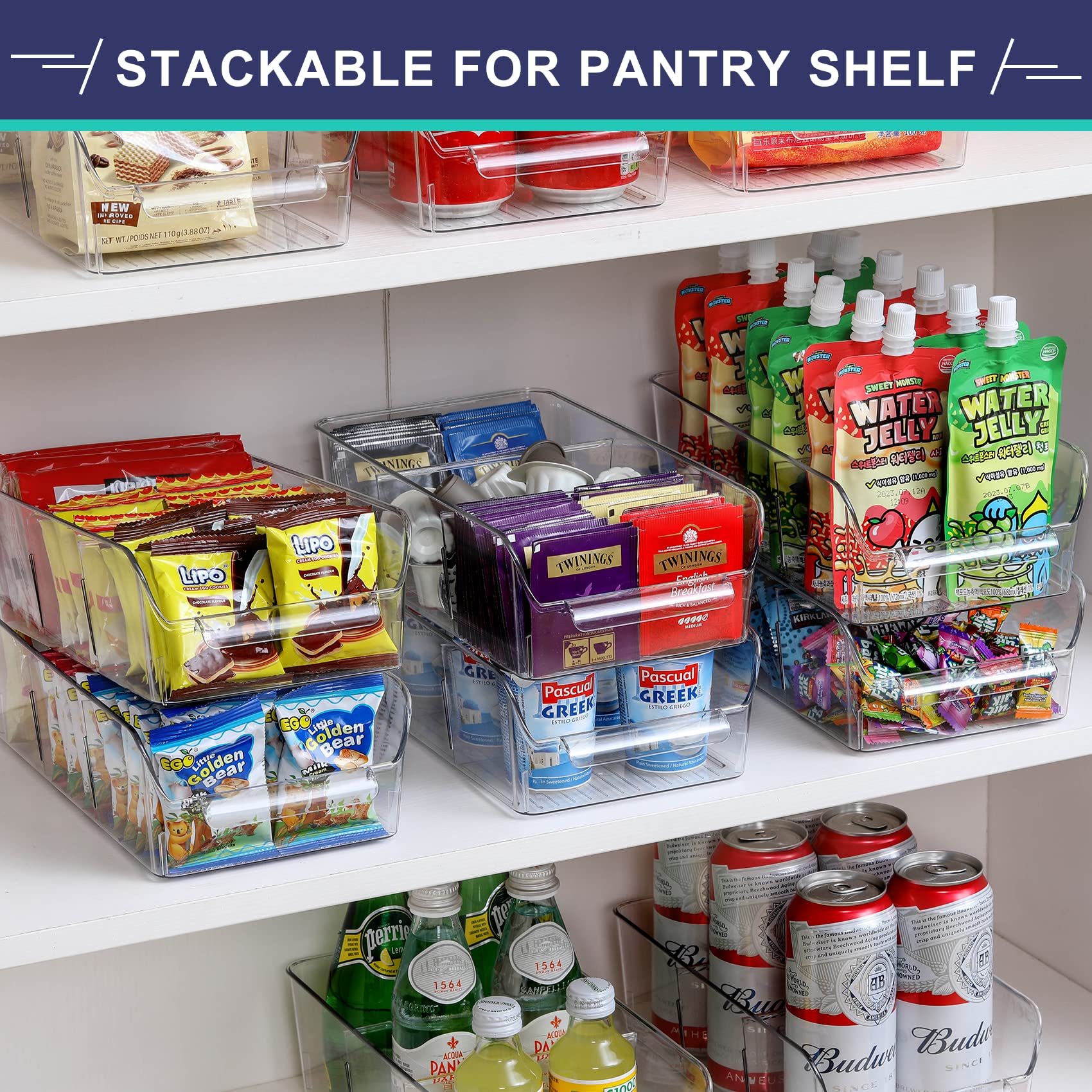 Set of 4, 9 Inch Clear Non-Skid Lazy Susan Organizers + Set of 8, Stackable Clear Bins with Removable Dividers - Pantry Food Snack Organization and Storage - Multi-Purpose Plastic Home Organizer