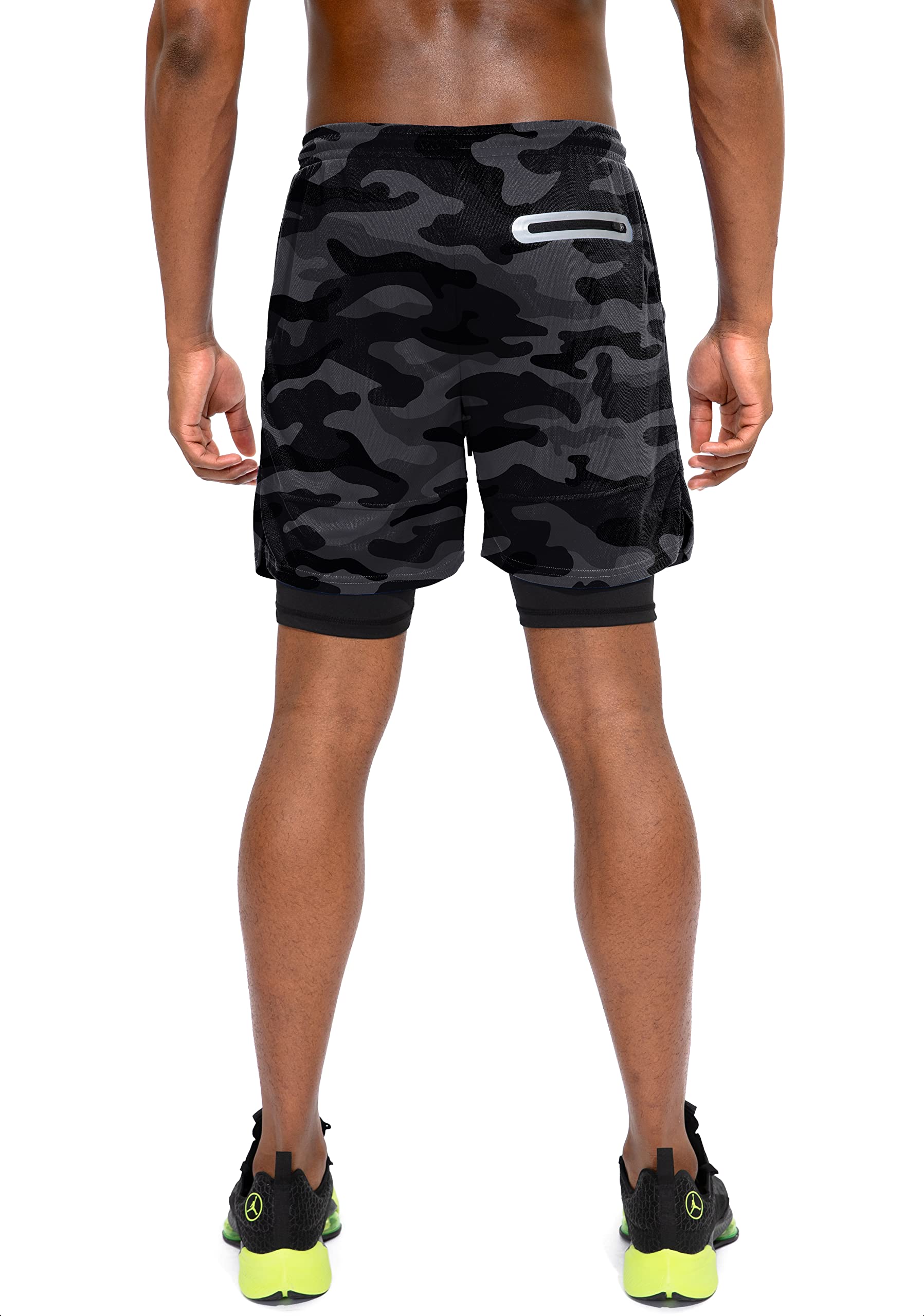 Pinkbomb Men's 2 in 1 Workout Running Shorts with Phone Pocket Quick Dry Athletic Gym Shorts for Men with Zippered Pocket Grey Camo