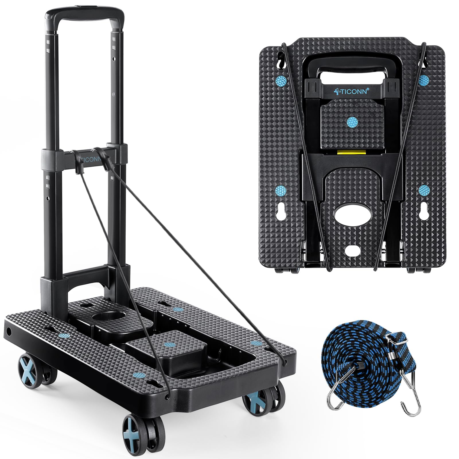 TICONN Folding Hand Truck Dolly, Portable Dolly with Adjustable Handle,Lightweight Luggage Utility Cart with 4 Rotate Wheels