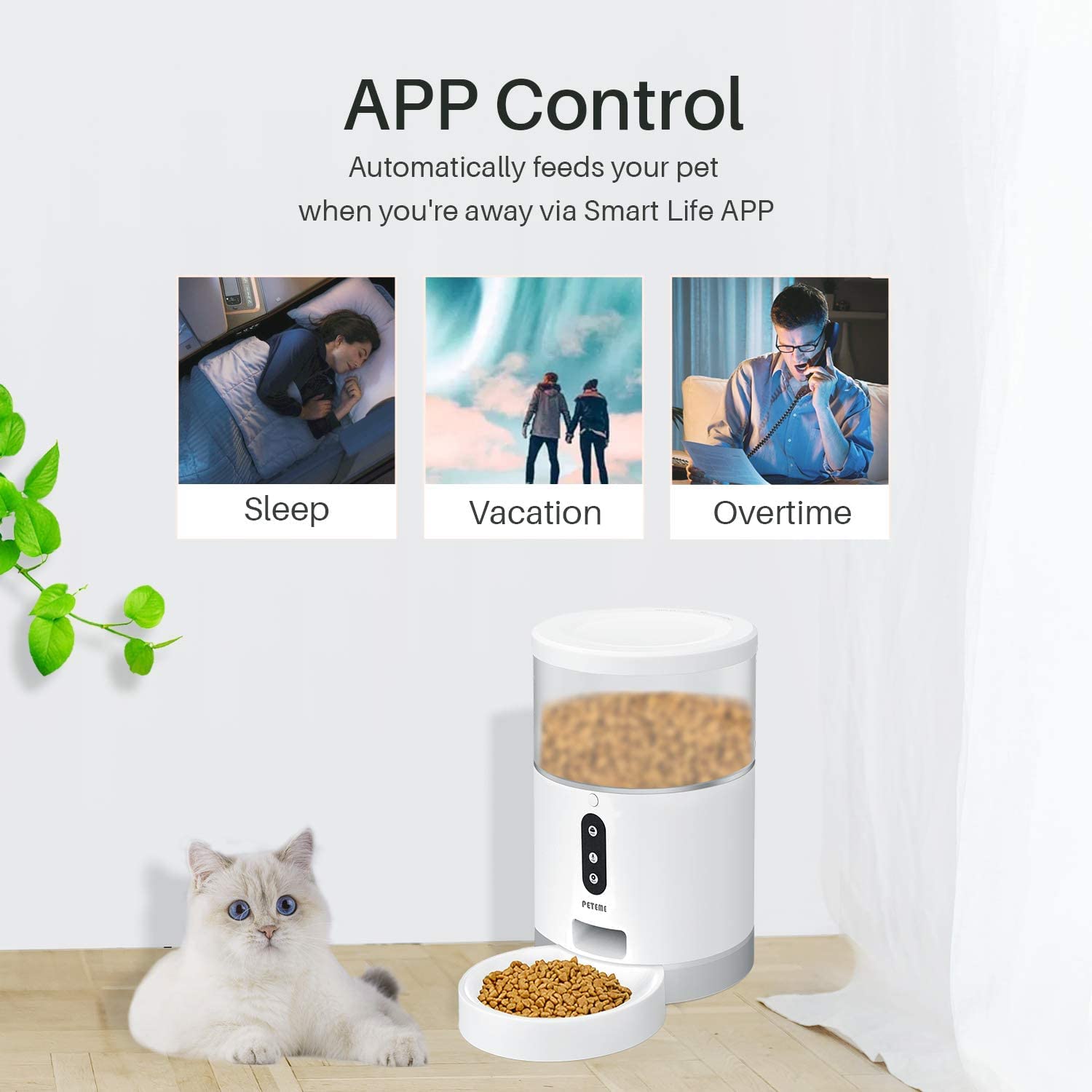 Peteme Automatic Cat Feeder, Smart Pet Feeder for Small Animals, Cat Food Dispenser for Dog with APP Cotrol, 2.4G Wi-Fi Enabled, Portion Control, 4L