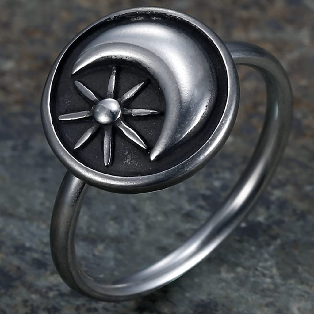 Retro Vintage Stainless Steel Sun Moon Signet Pinky Party Holiday Wedding Statement Promise Ring (Silver, 9)