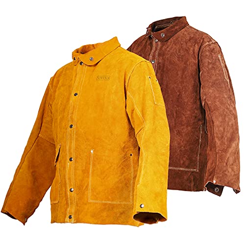 Welding Leather Jackets Flame-Resistant Heavy Duty Split Cowhide Leather Welder Jacket for Men & Women XX-Large, (Large, Brown)
