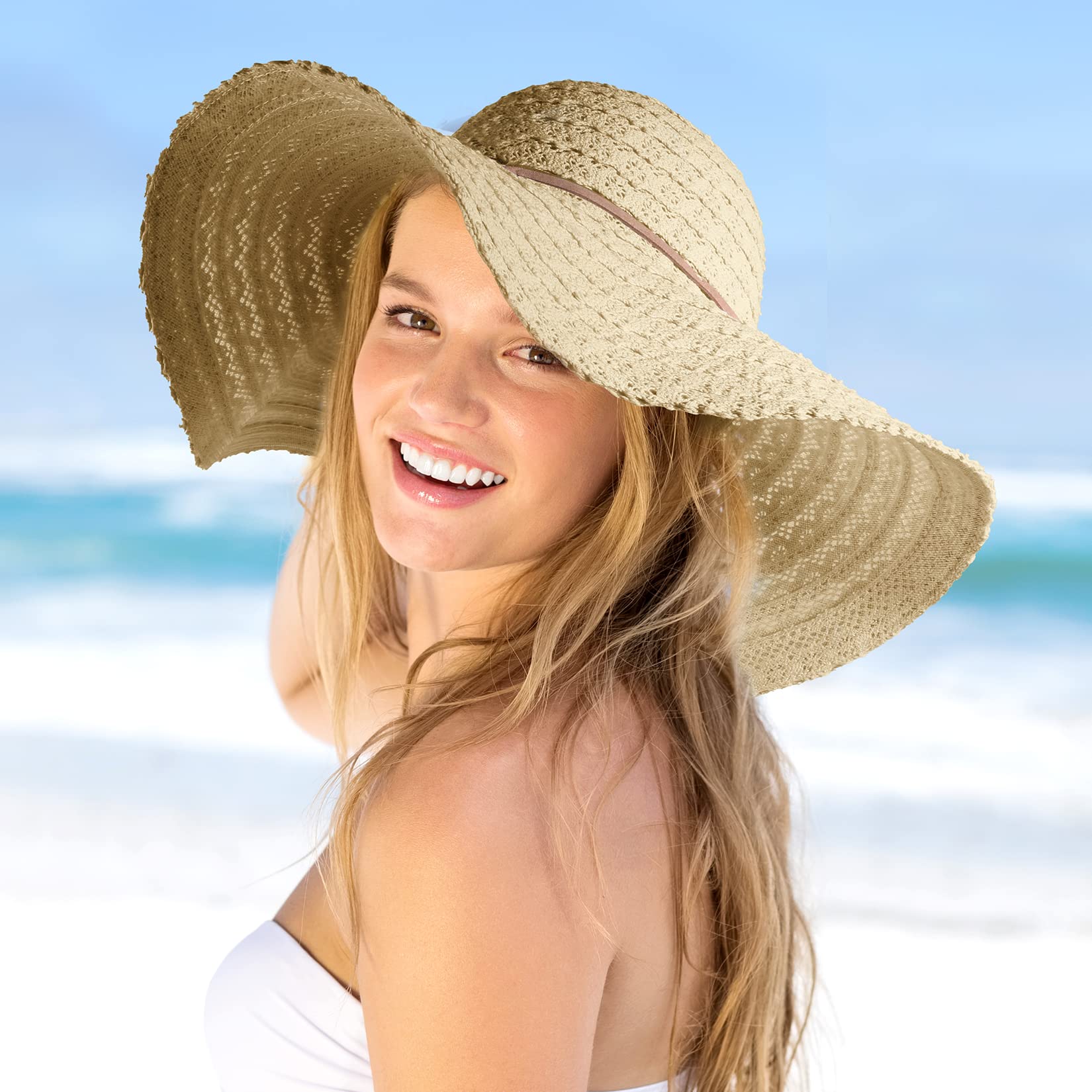 Sun Hats for Women, Floppy Beach Hats for Women Foldable, Wide Brim Summer Hat, Packable Sun Beach Floppy Hats Women Khaki