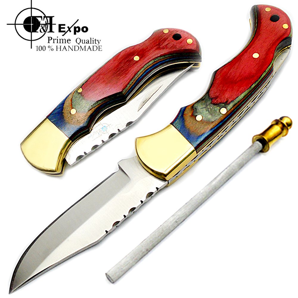 Multi Wood 6.5'' Handmade Stainless Steel Folding Pocket Knife Brass Bloster With Back Lock 100% Top Quality