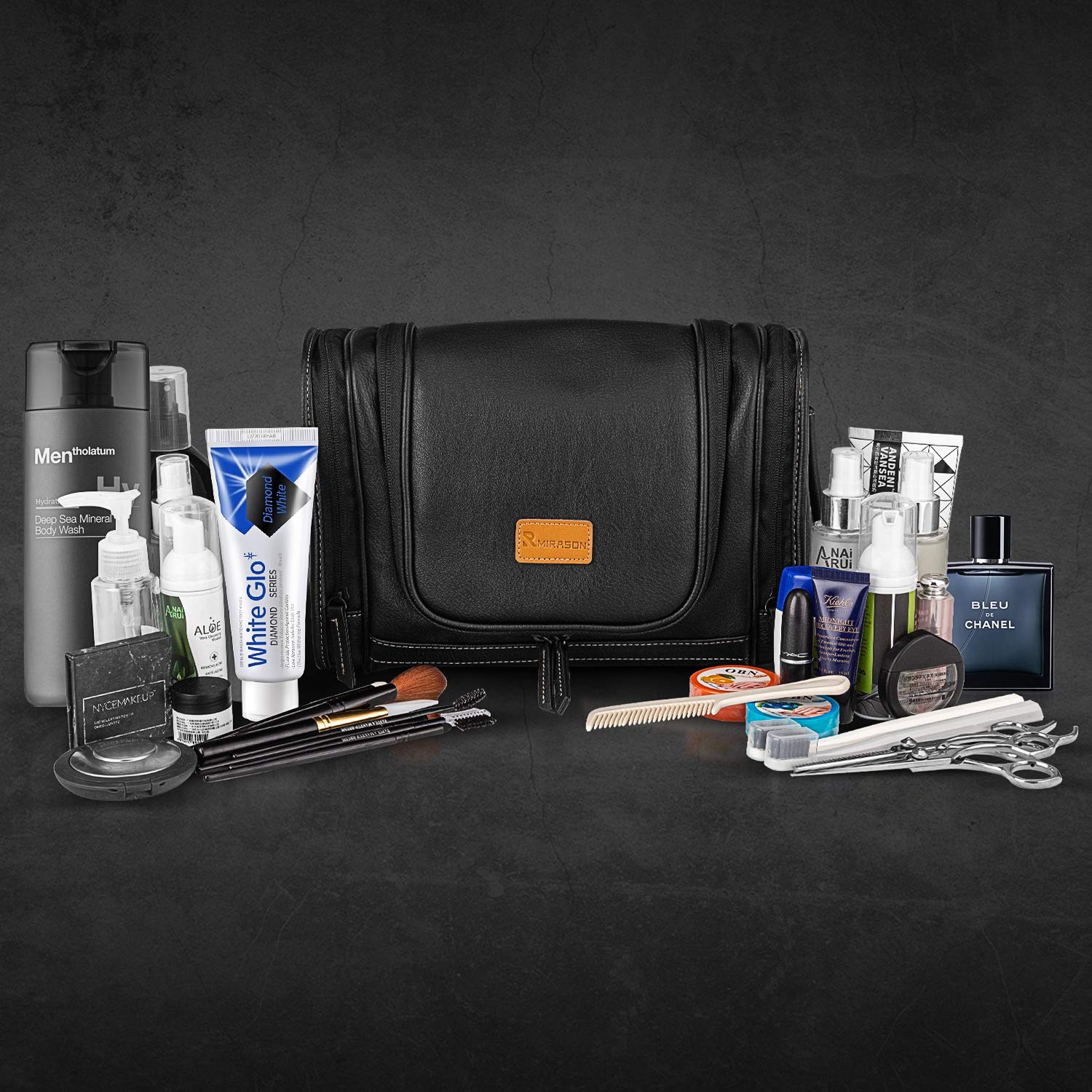 MIRASON Hanging Toiletry Bag for Men Dopp Kit Waterproof Leather Travel Organizer with Sturdy Metal Hook and Handle for Bathroom Shower Cosmetics Camping Brushes Shaving (Black)