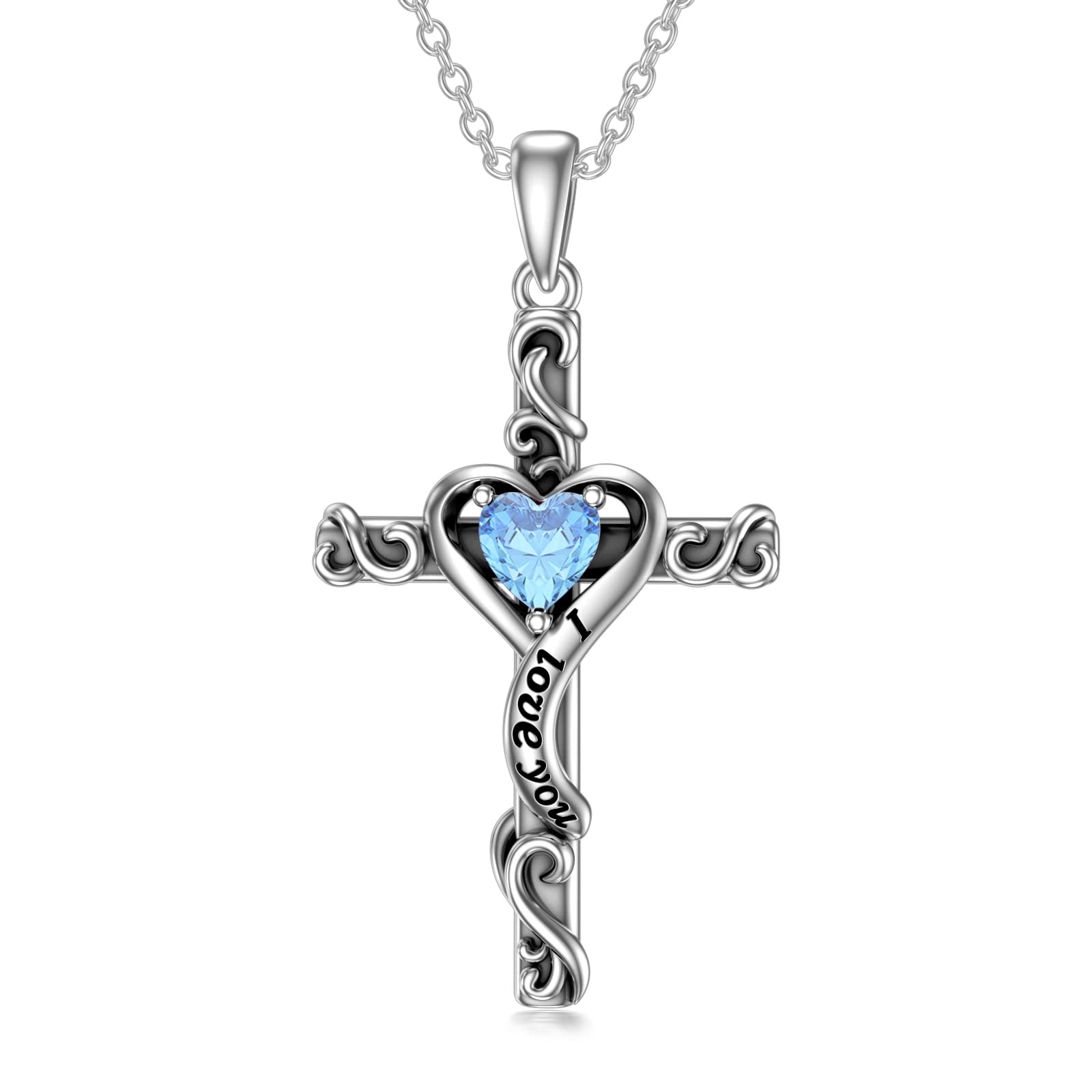 TOUPOP Aquamarine Cross Necklace for Women 925 Sterling Silver Birthstone Cross Pendant Necklace Heart Love March Birthstone Jewelry for Her Wife Girlfriend Birthday Anniversary Christmas Gifts