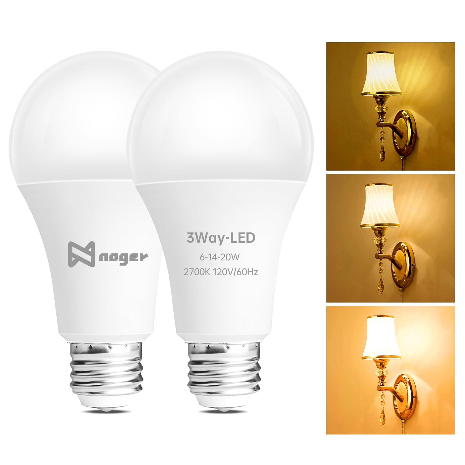 Noger 3-Way Led Light Bulbs A21, 50 100 150W Equivalent, 5000K Daylight, 3 Way E26 Light Bulbs for Reading, 500-1600-2200LM, 2 Pack