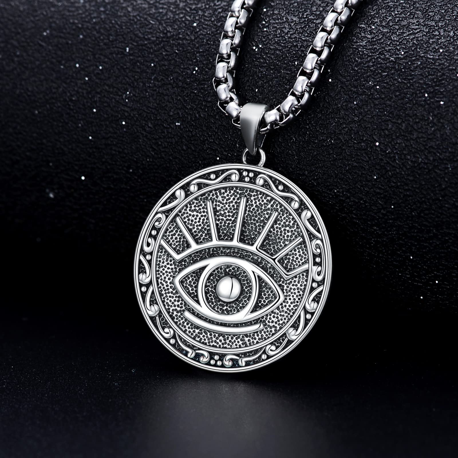 PDTJMTG Evil Eye Necklace Sterling Silver Evil Eye Pendant with 22”+2” Stainless Steel Chain Gift for Men Women