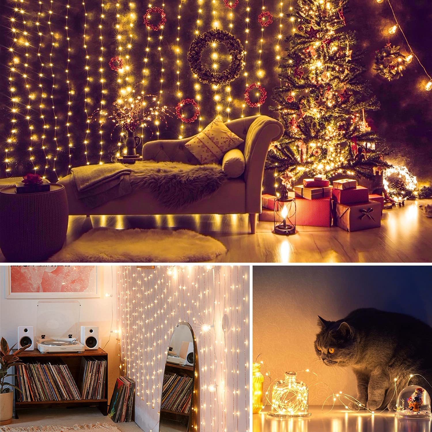 Nasharia Curtain Light 300 LED, Curtain String Light with 8 Modes Remote Control Timer,Twinkle Lights for Bedroom Christmas Party Home Garden Outdoor Indoor Wall Decorations(Warm White)