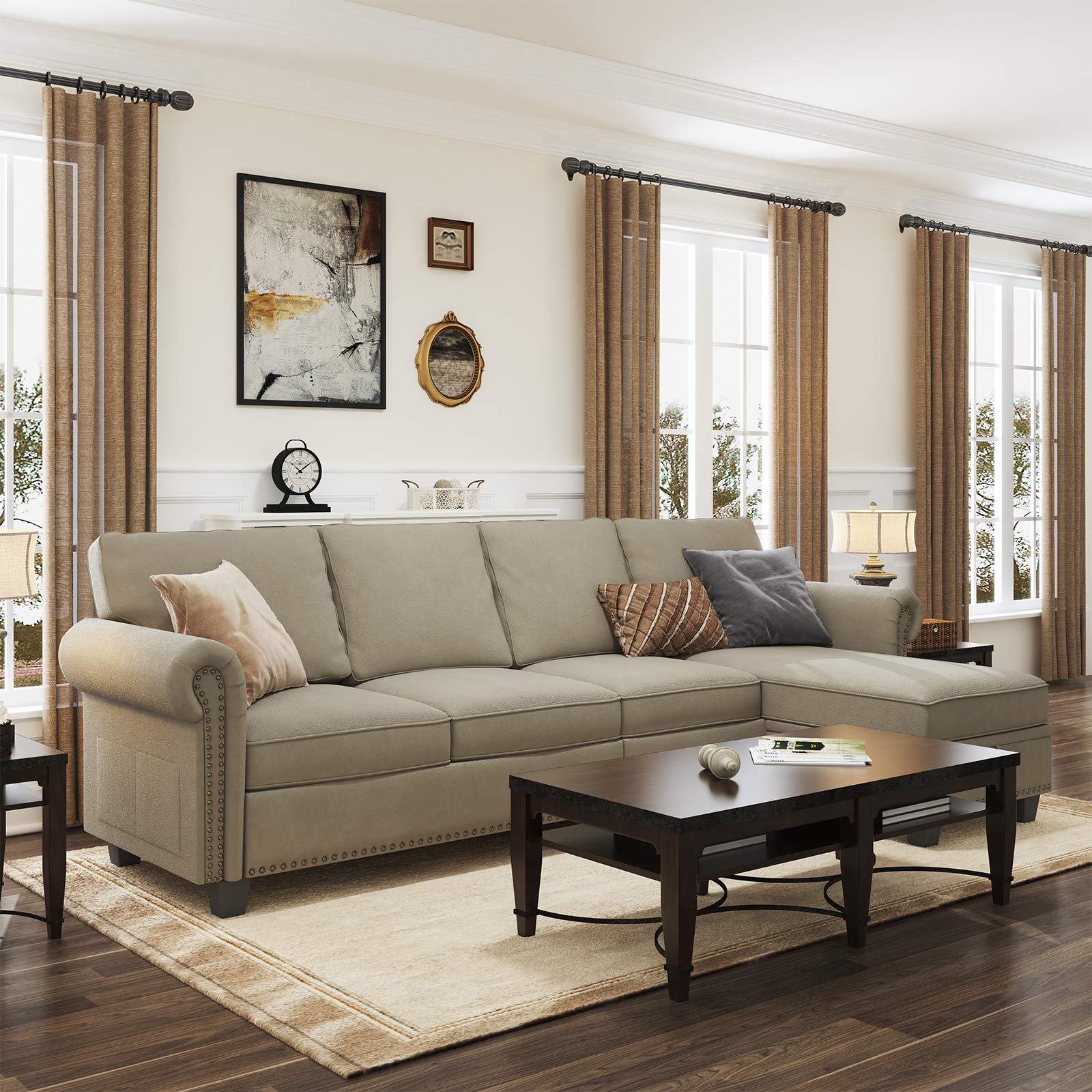 Nolany Convertible Sectional Sofa Couch, L Shaped Sectional Sofa, Reversible Sectional Couch for Small Apartment, Dark Khaki