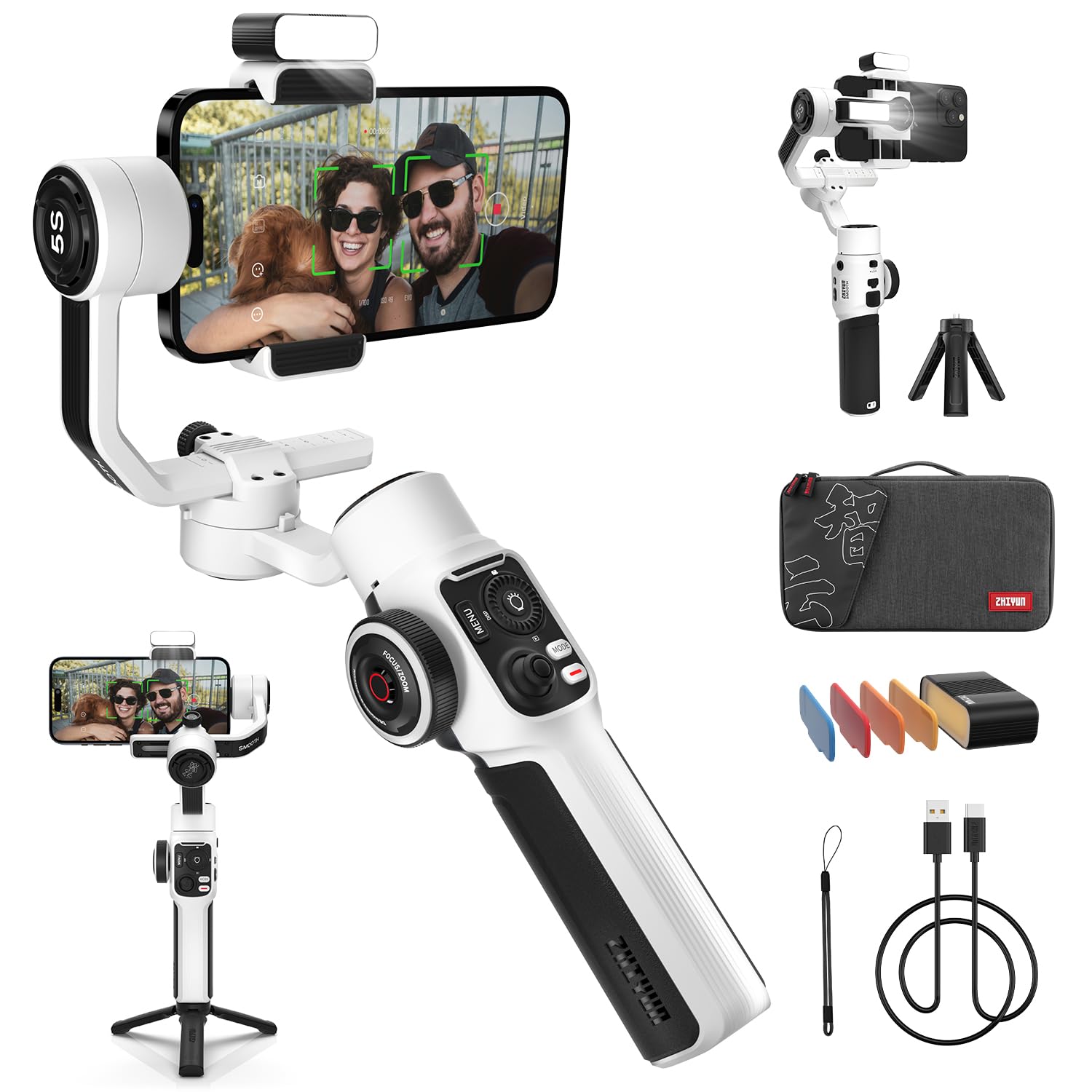 Zhiyun Smooth 5S Phone Gimbal, 3-Axis Smartphone Stabilizer with Built-in and Magnetic Fill Light, AI Face Tracking for iPhone and Android, YouTube TikTok Video, White Combo