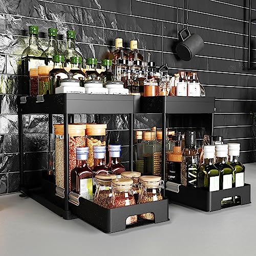 MZHSMZHR Bathroom Under Sink Organizers and Storage,Under Cabinet Organizer Kitchen, 2 Pack 2 Tier Under Counter Storage Shelves with Sliding Pull Out Drawer and Dividers, Black