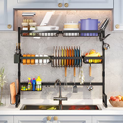 Over Sink Dish Drying Rack (Expandable Height/Length) Snap-On Design Large Dish Drainer Stainless Steel Storage Counter Organizer (31-39.5L x 12W x 34-38H inches)