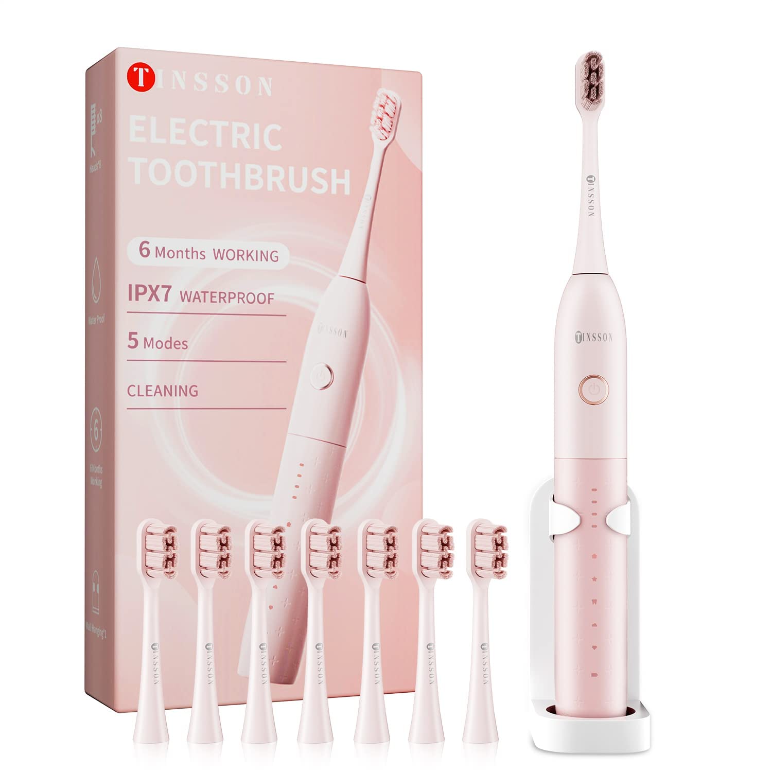 TINSSON Sonic Electric Toothbrush for Adults and Kids with 8 Replacement Brush Heads, Rechargeable Tooth Brush 5s Splash-Proof Fast Charge for 180 Days with 5 Modes, 2 Minute Smart Timer, Pink