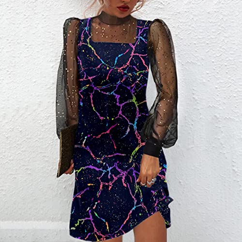 Pinkpaopao Mesh Long Sleeve Party Dress for Women Spring and Summer Graphics Printed Mini Dress Navy