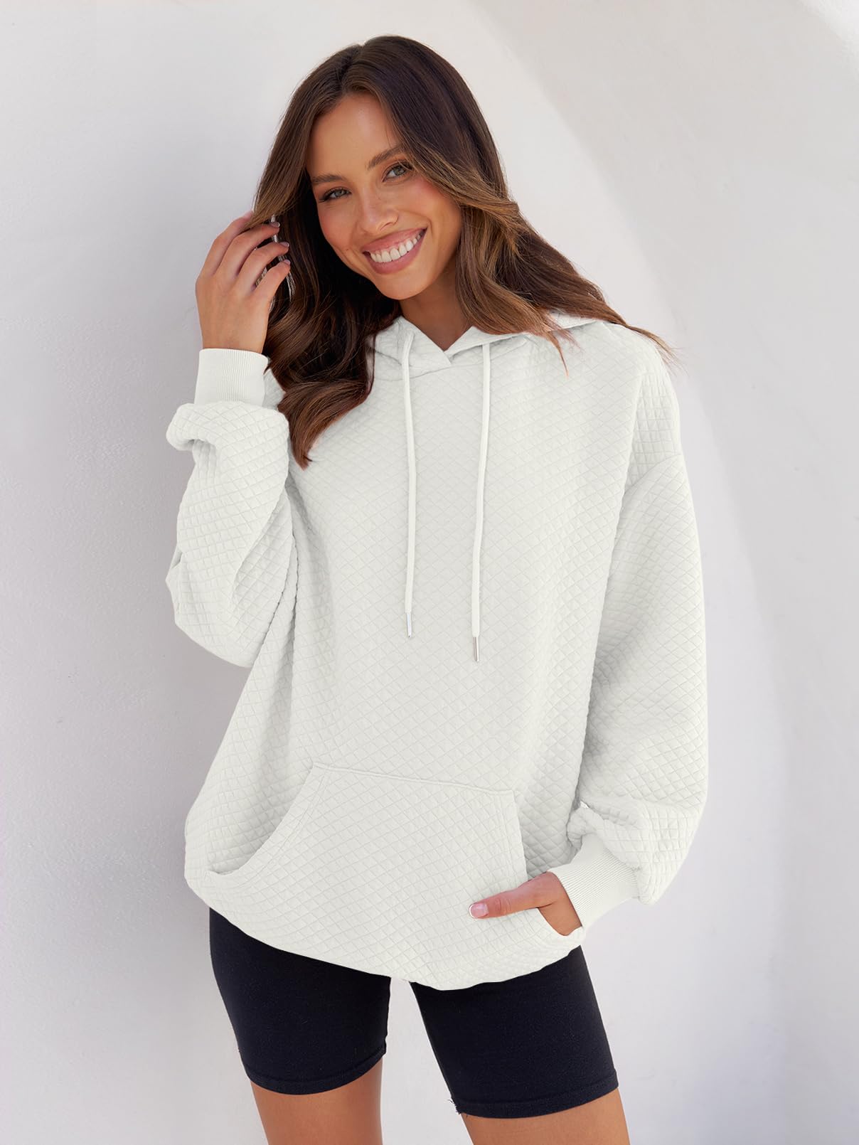 MEROKEETY Sweatshirt for Women Y2K Workout Hoodies Slouchy Solid Color Fall Winter Trendy Outfits, White, L
