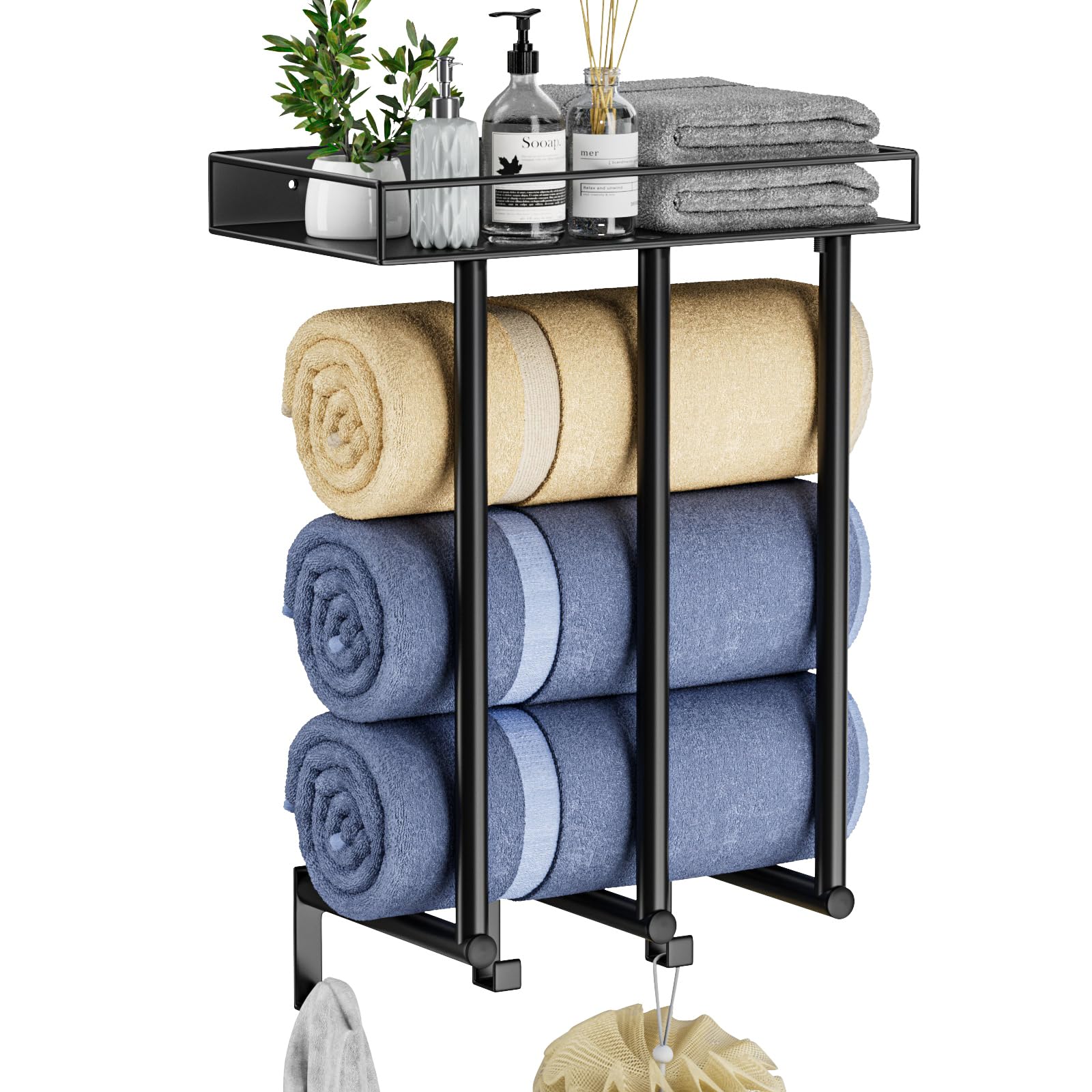 Ovicar Towel Racks for Bathroom - Wall Mounted Towel Rack with Metal Shelf & 3 Hooks, 3 Bars Wall Towel Holder for Small Bathroom, Bath Towel Storage for Rolled Towels Organizer (Black)
