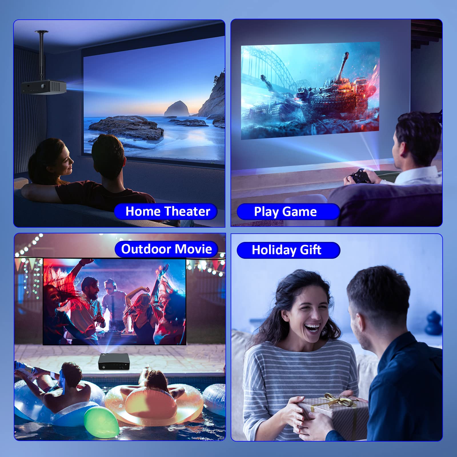 NexiGo PJ20 Outdoor Movie Projector with WiFi and Bluetooth, Native 1080P, Dolby_Audio Sound Support, Compatible w/TV Stick,iOS,Android,Laptop,Console (Renewed)