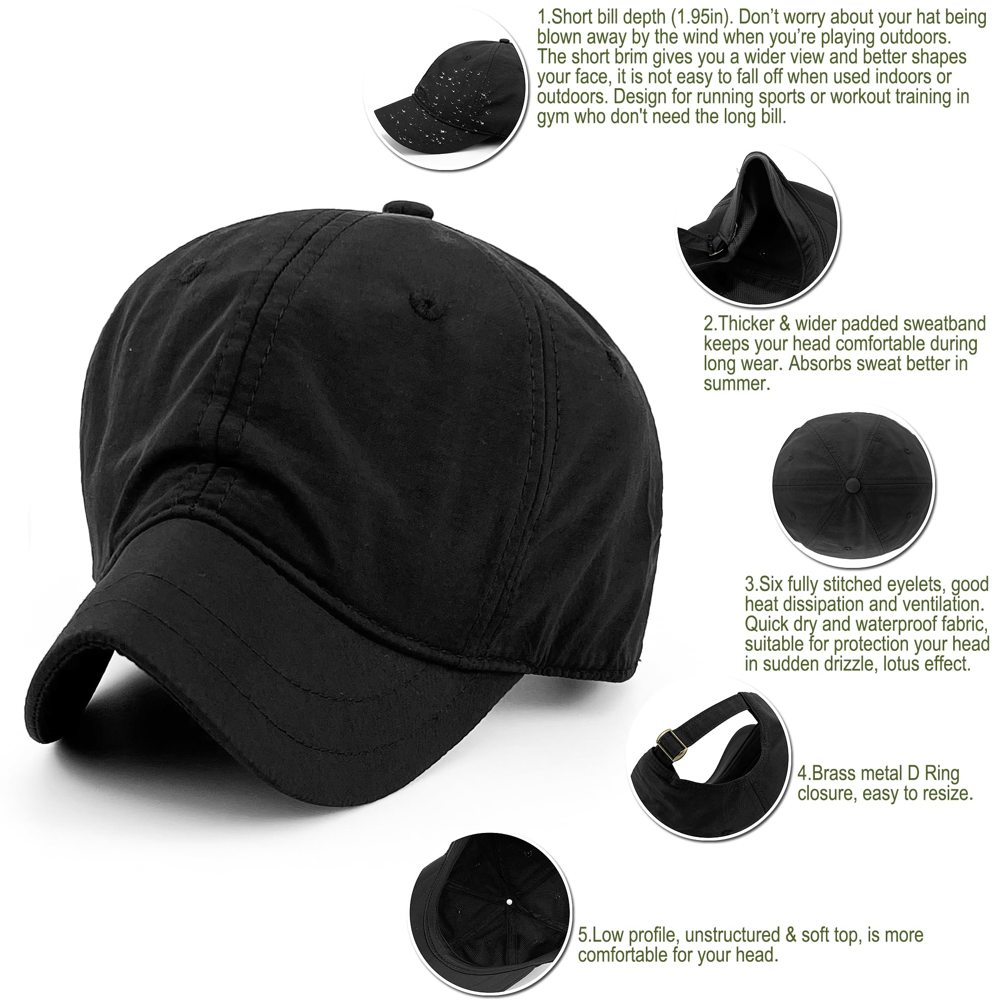 Rayna Fashion womens Structured Short Bill Quick Dry Brim Trucker Baseball Dad Cap, Black, X-Large