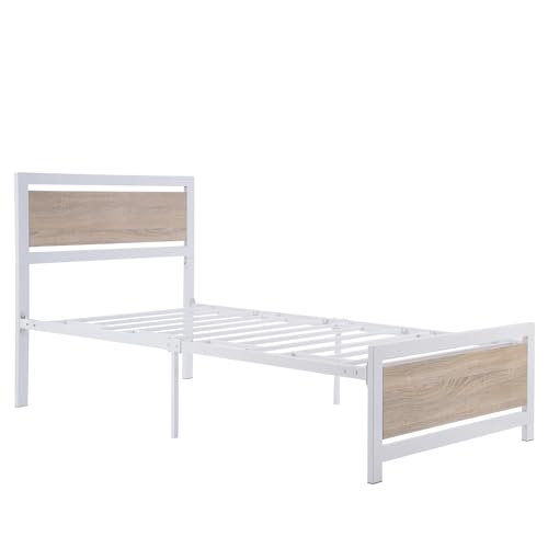 Metal and Wood Bed Frame with Headboard and Footboard, Twin Size Platform Bed, No Box Spring Needed, Easy to Assemble(White)