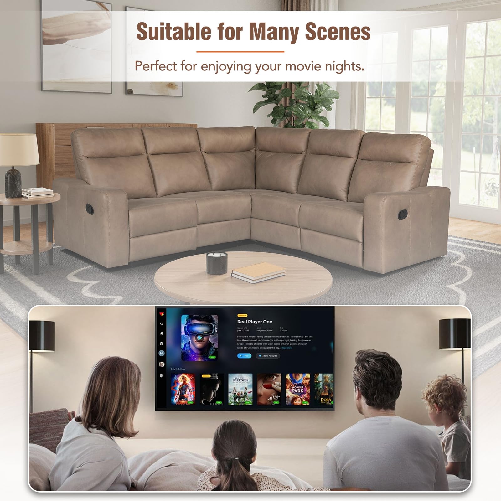 Mystiqueserenity Manual Reclining Home Theater Seating Recliner Chair Sofa with Flipped Middle Backrest and Console, 2 Cup Holders for Living Room, Bedroom, Home Theater, Light Brown