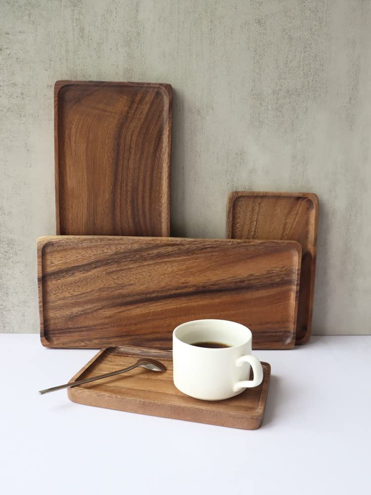 SOUJOY Set of 4 Wood Serving Tray, Oak Platter for Food, 12'', 14.5'' Rectangular Charcuterie Board with Edge for Home Decor, Dessert, Vegetables, Fruit, Appetizer, Cheese Dishes