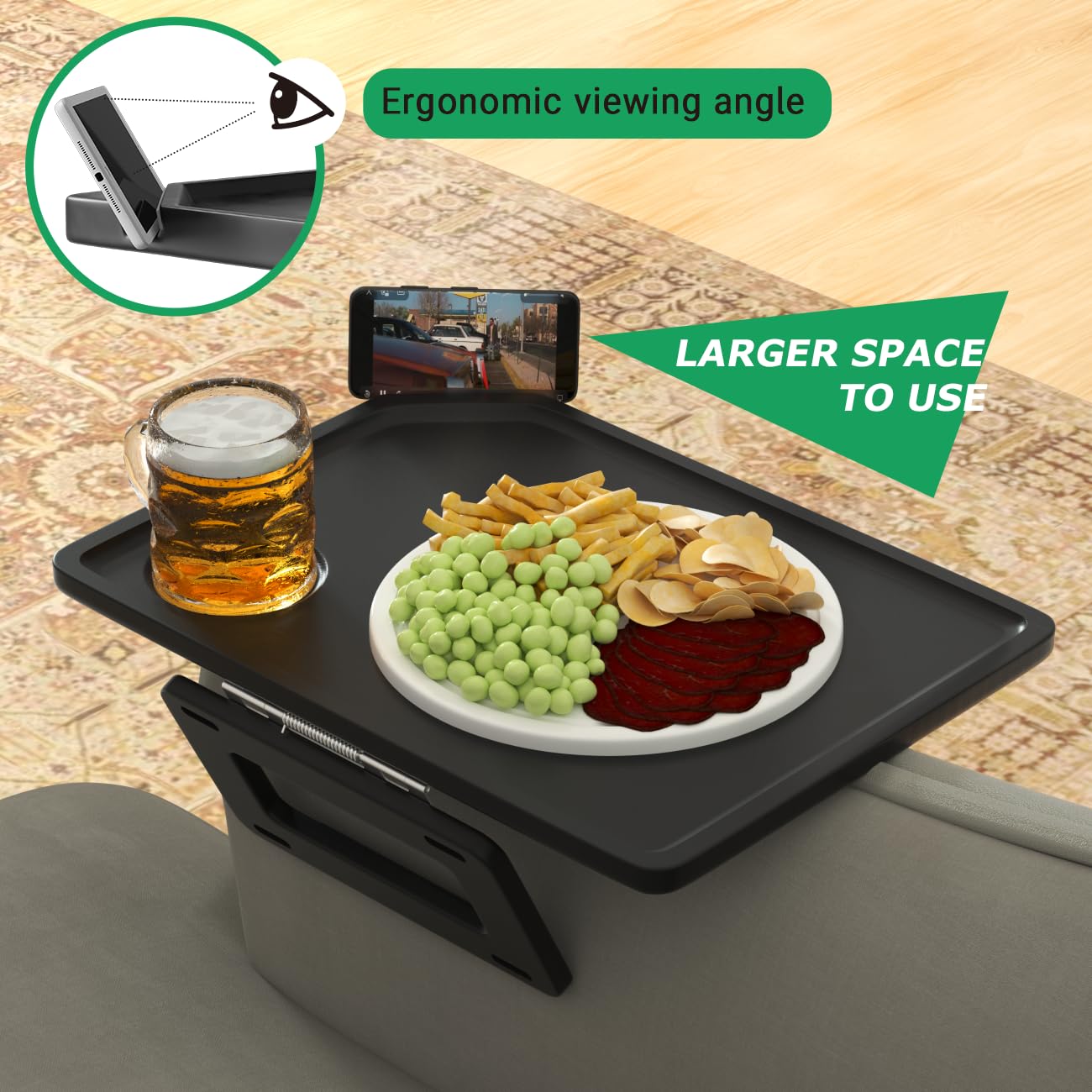 Multi-Function Arm Clip Table Tray for Couch, Sofa with Armrest Suitable for Home Drinks/Fast Food/Fruit Etc, Large Size Brown(360° Rotation - Left and Right Position Compatible)