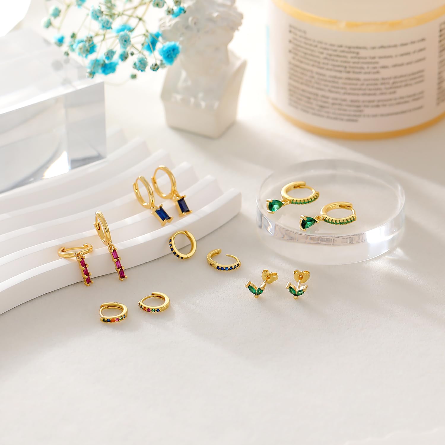 RLMOON 2 Pairs 14K Gold Plated Huggie Drop Earring for Women Sterling Silver Post CZ Stud Huggie Earring Gold Small Dangle Hoop Baguette Earring Set (Gold)