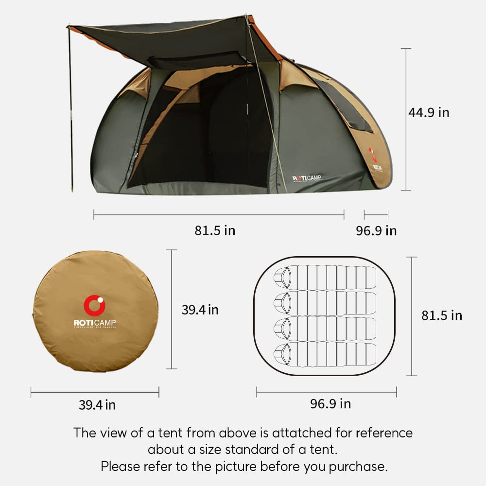 ROTICAMP Canopy Camping Tent Pop Up Tent 4-5 Person, Automatic Setup, Instant Tents for Camping, Hiking & Traveling, Olive Khaki