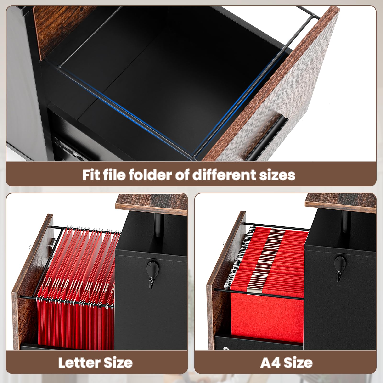 Naice File Cabinet with Lock & Charging Station, Vertical Filing Cabinet with 2 Drawers, Rolling File Cabinet for Home Office Printer Stand, Enlarged Wheels, Letter/A4 Size Hanging File Folders