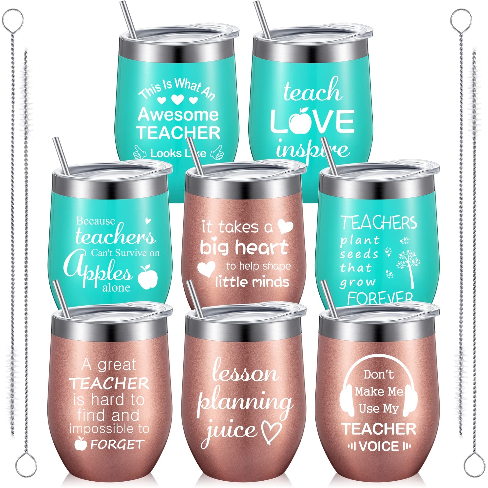 Teacher Appreciation Gifts, Teacher Gifts Thank You, Coffee Mug for Teachers, Teacher Tumbler with Straws Lids and Brushes for Graduation Educators Birthday Christmas Gift, 12 OZ (Mint, Rose Gold)