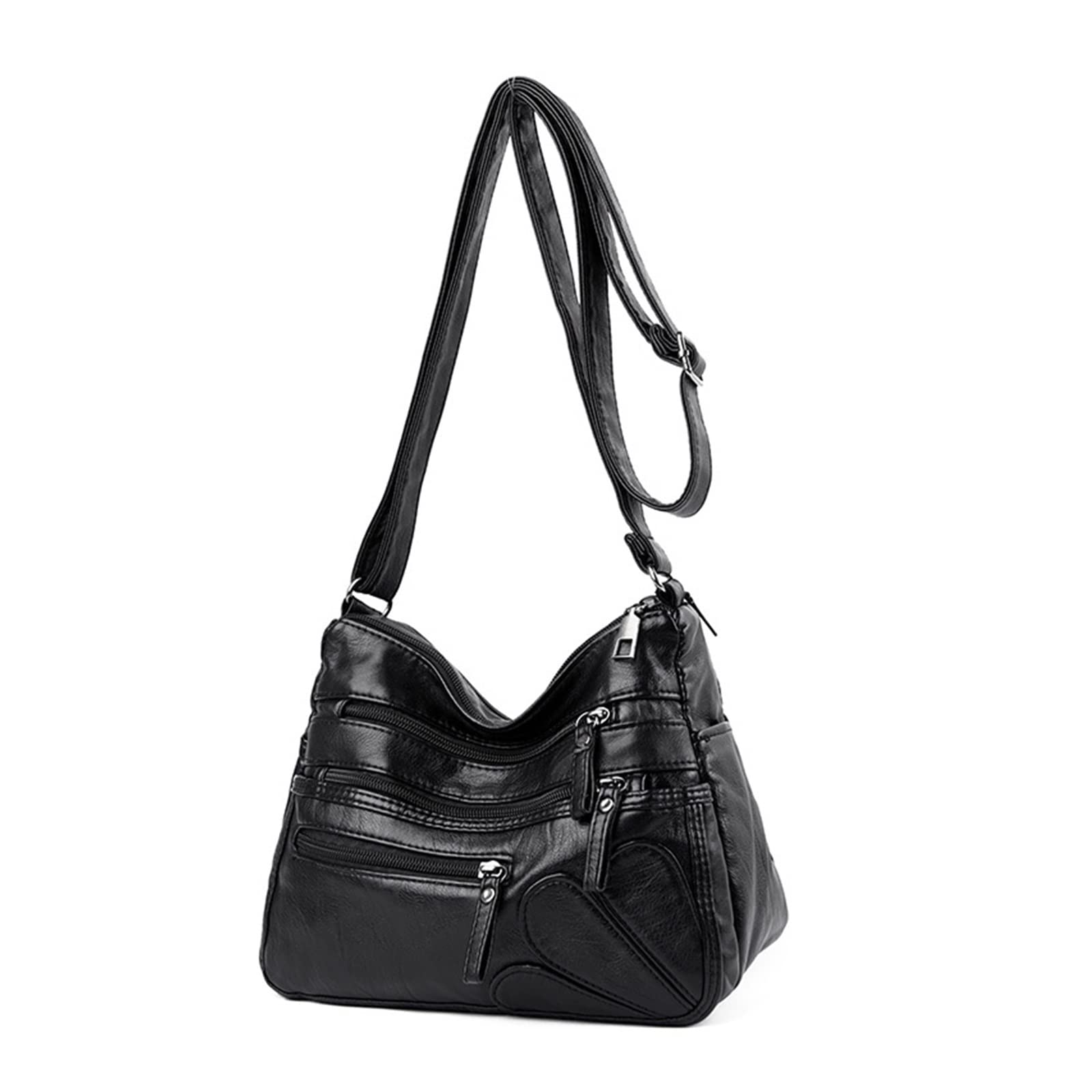 Tuoig Women Shoulder Bag PU Leather Crossbody Bag Multi-Pockets Messenger Bag Flower Patchwork Leather Purse Soft Handbag (Color : Black)