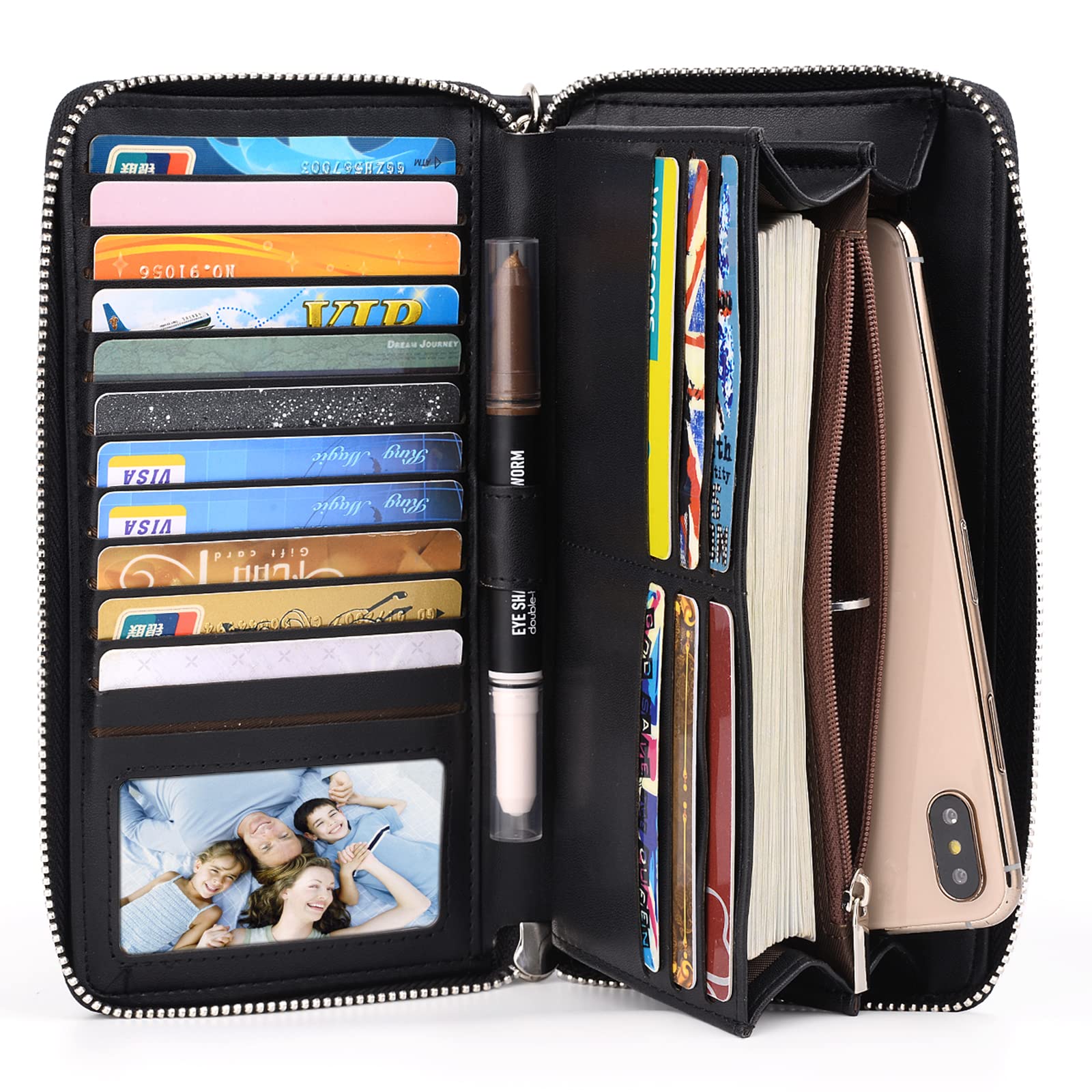UTO Women Wallet Large Leather 2 Pcs Zip Pouch Card Holder Checkbook Passport Organizer Ladies Travel Clutch with Wristlet Black