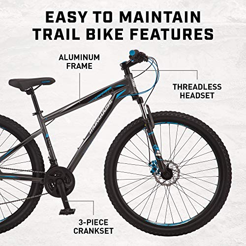 Mongoose Impasse HD Mountain Bike, Men and Women, 29-Inch Wheels, Aluminum Frame, Twist Shifters, 21-Speed Rear Deraileur, Front and Rear Disc Brakes, Charcoal