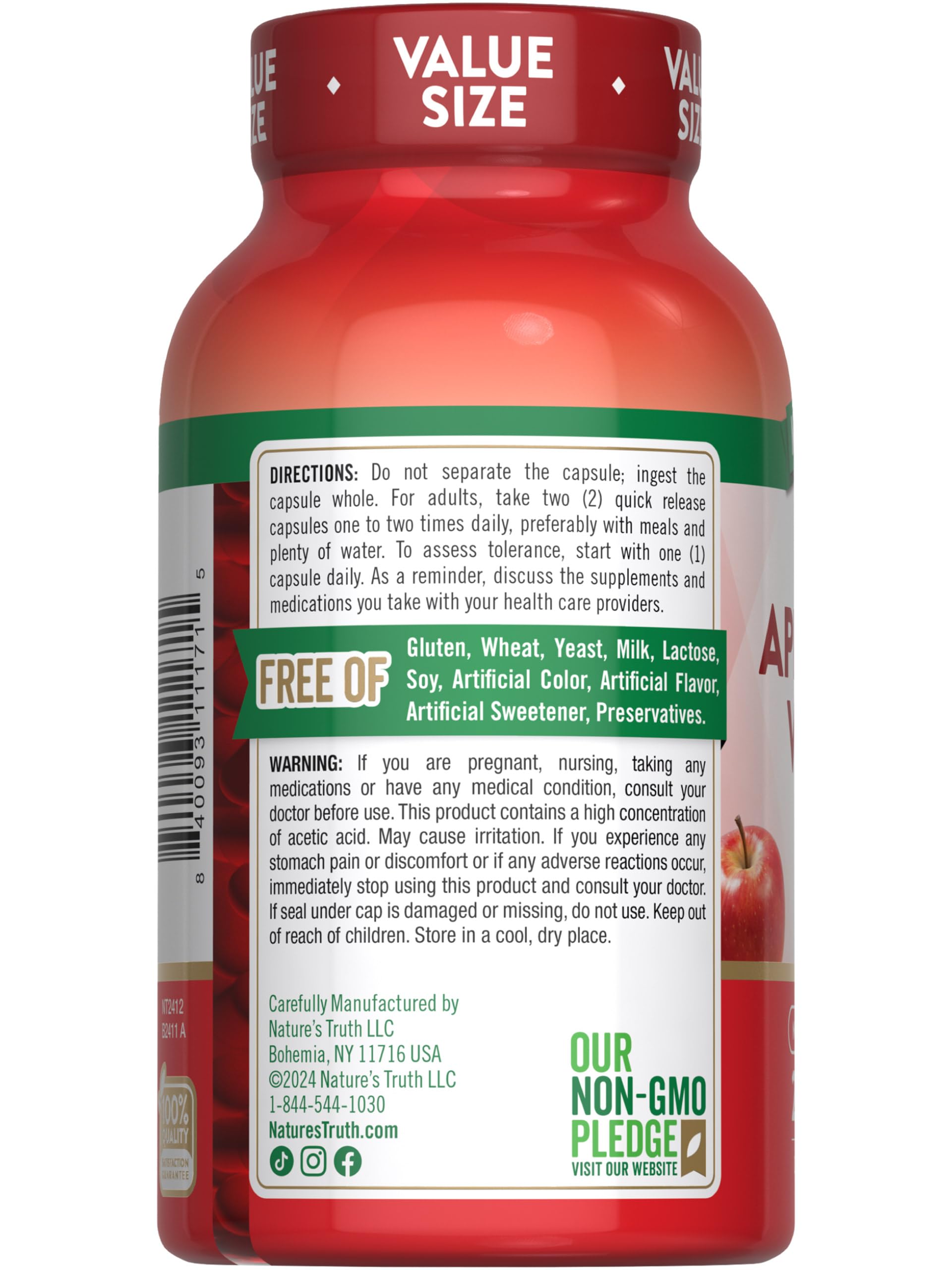 Nature's Truth Apple Cider Vinegar Capsules | 1200mg | 200 Pills | Extra Strength | Value Size | Non-GMO, Gluten Free Supplement