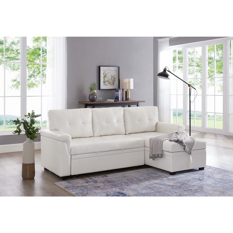 Naomi Home Diora Sectional Sleeper Sofa - Elegant L-Shaped Couch Convertible Pull-Out Bed, Ample Storage, Timeless Design, Sturdy Construction, Long-Lasting for Modern Living, Air Leather, White