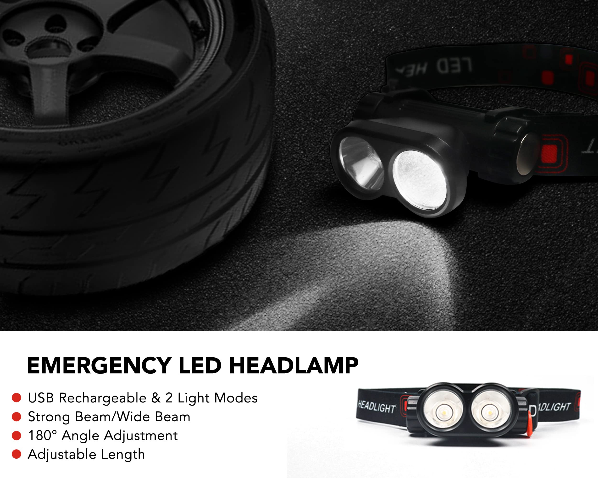 Roadside Emergency Car Kit, Road Trip with Portable Air Compressor, Jumper Cables, Headlamp, First Aid Kit, Auto Vehicle Safety Road Side Assistance Kits for Women and Men