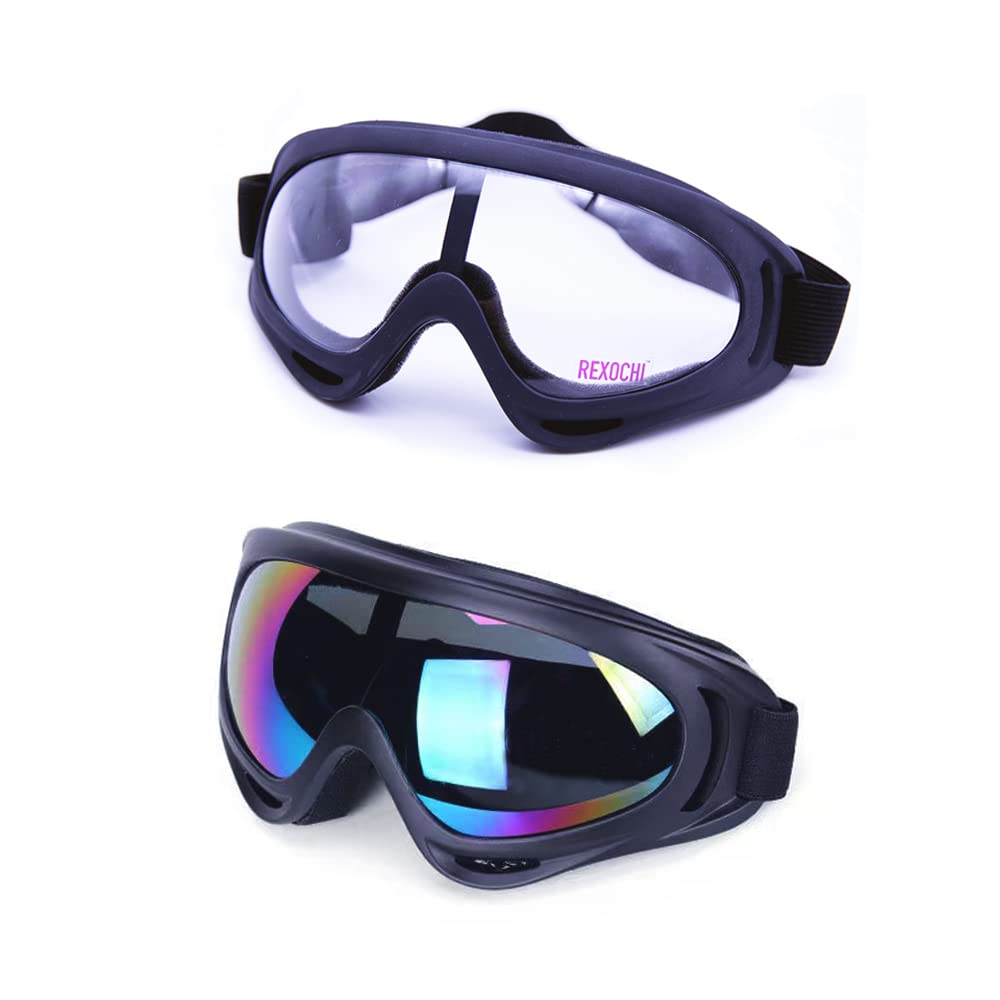 rexochi 2-Pack Ski Goggles, Snowboard Goggles, Motorcycle Goggles for Men, Women, Youth, Kids, UV Protection Foam Anti-Scratch Dustproof, Multicolor + Transparent Lenses