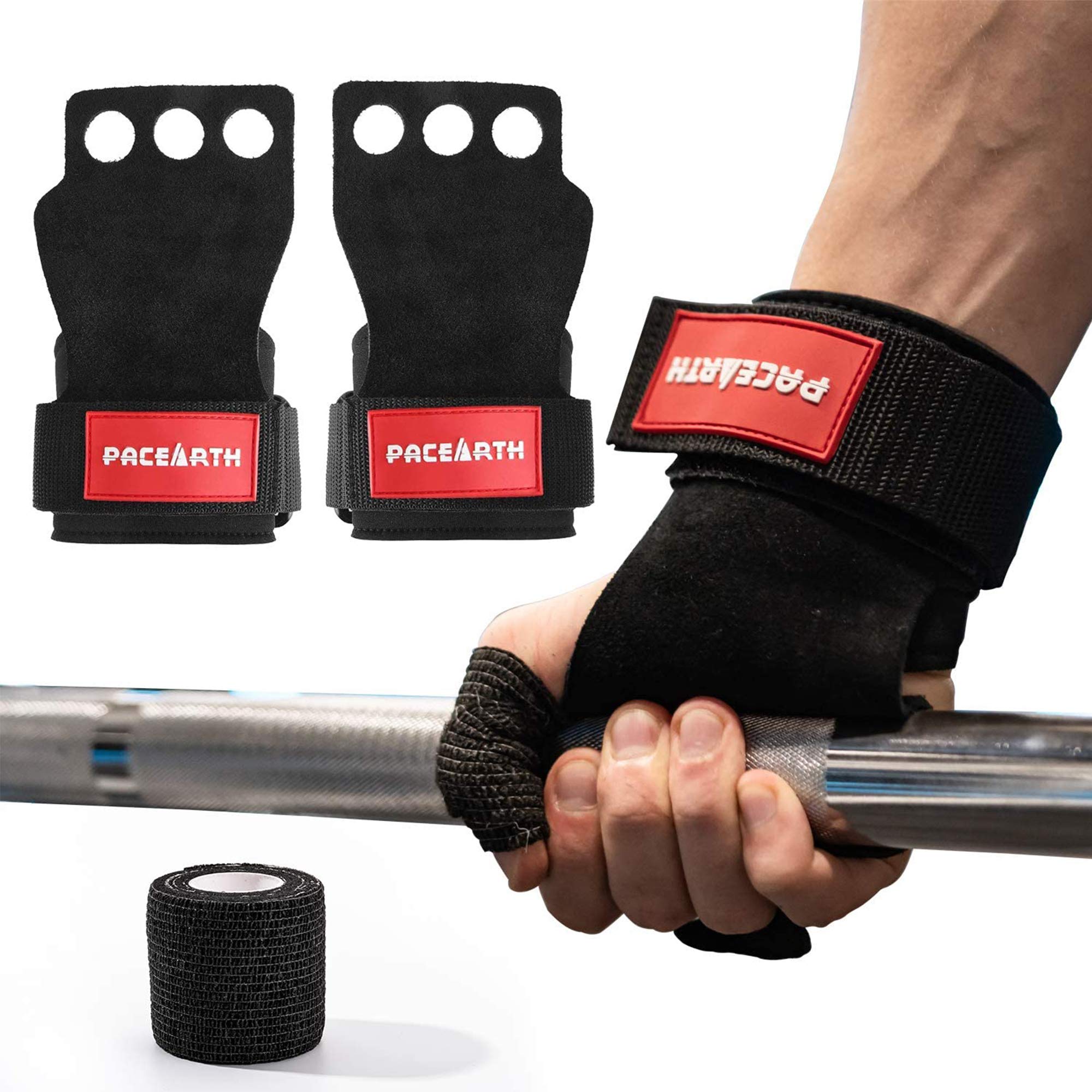 PACEARTH Leather Gymnastics Hand Grips for Crossfit, 3 Hole Gloves with Comfortable Palm Protection Bar Grips-Great for Pull-ups, Wods, Weight Lifting, Kettlebells and Cross Training