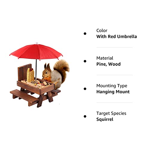 Squirrel Feeder Picnic Table with Umbrella, Wooden Squirrel Feeders for Outside with Corn Cobs, Cute Chipmunk Feeder with Solid Structure for Squirrel Gift (red)